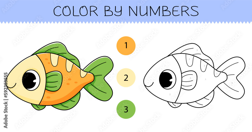 Color by numbers coloring book for kids with fish. Coloring page with ...