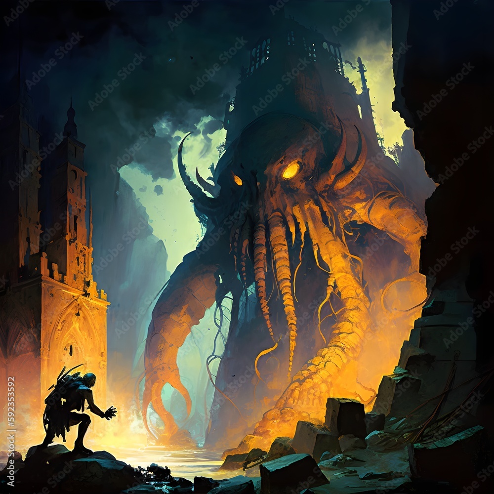 in deep sea a giant octopus eating an ancien city ruins franz frazetta ...