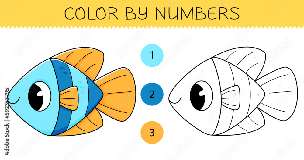 Color by numbers coloring book for kids with cute fish. Coloring page ...