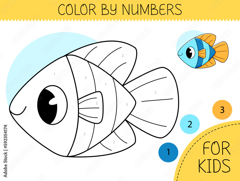 Color by numbers coloring page for kids with cute fish. Coloring book ...
