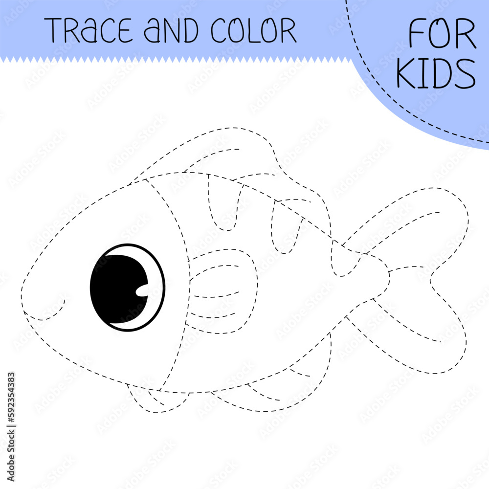 Trace and color coloring book with fish for kids. Coloring page with ...