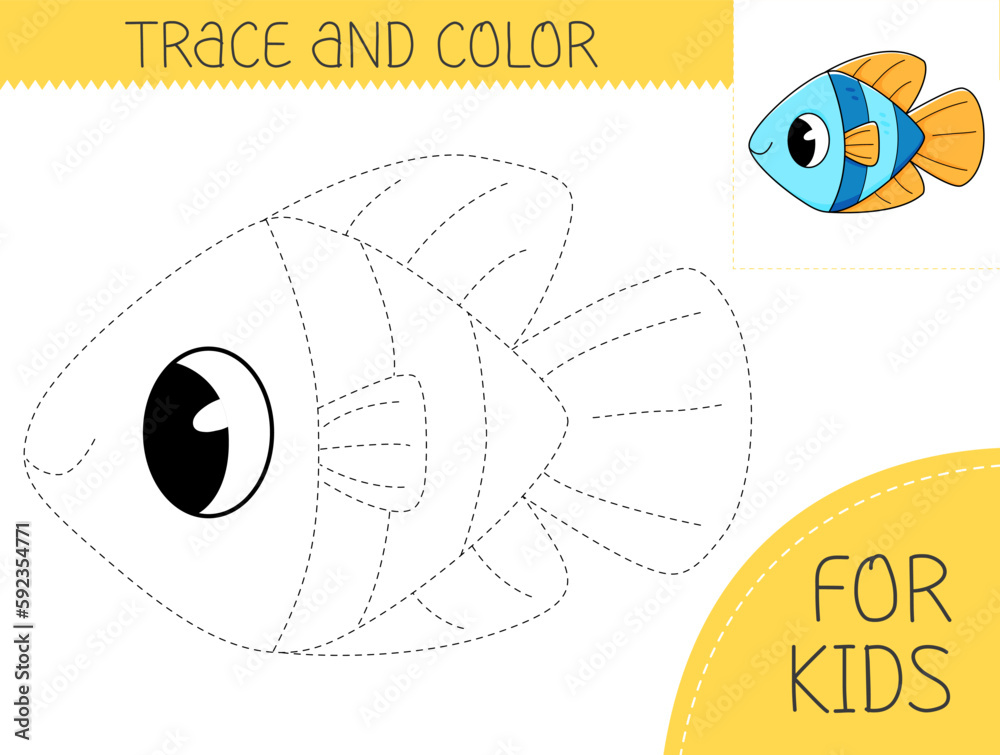 Trace and color coloring book with cute fish for kids. Coloring page ...