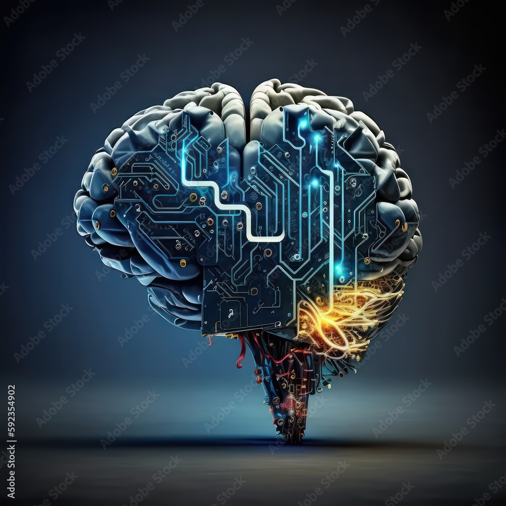 Human brain halfway transforming into a robotic brain. Human and robot ...