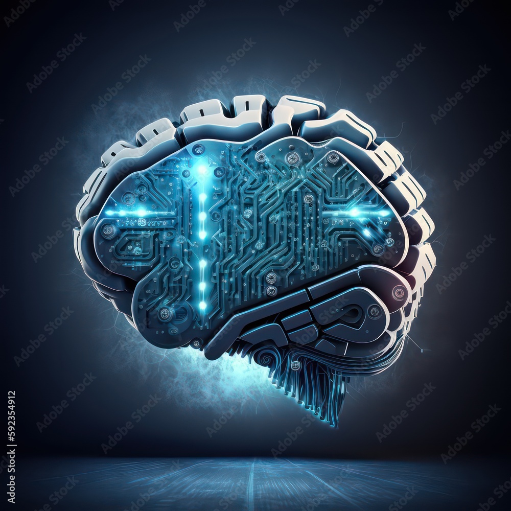 Human brain halfway transforming into a robotic brain. Human and robot ...