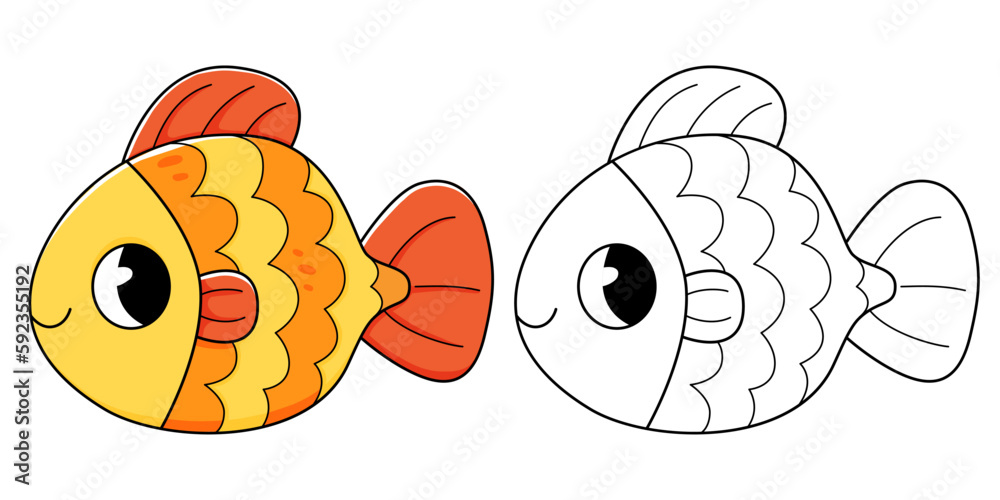 Goldfish coloring book with coloring example for kids. Coloring page ...