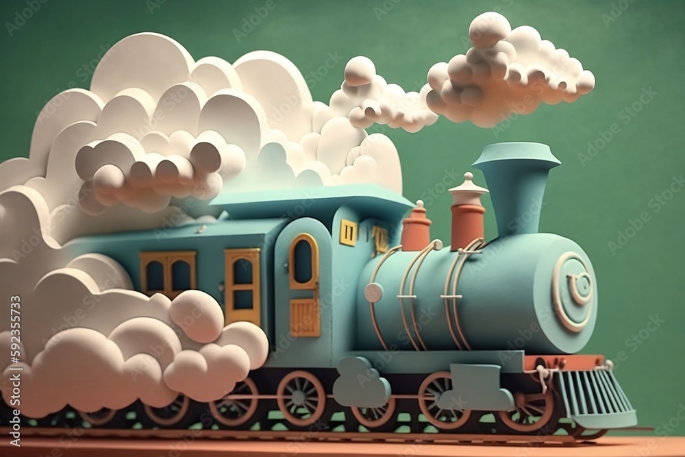 Clay model toy of a steam train chugging, with billowing smoke clouds ...