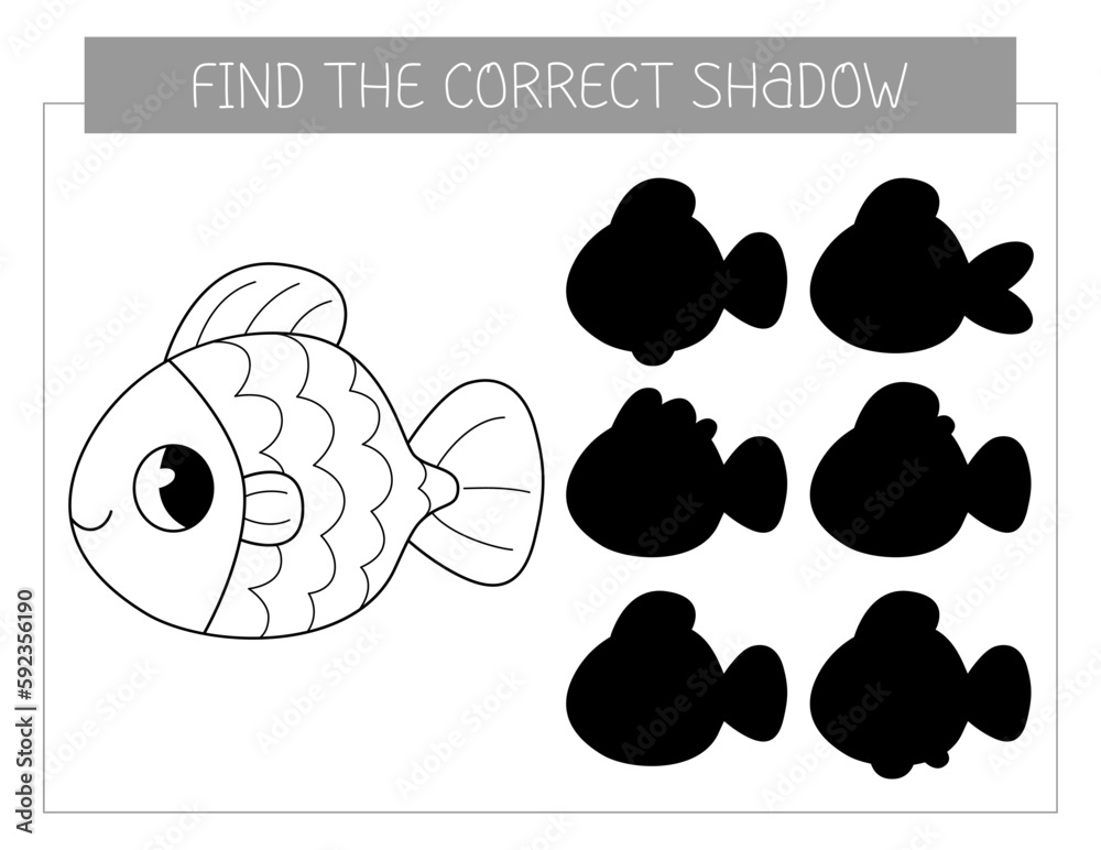 Find the correct shadow coloring book with goldfish. Coloring page ...