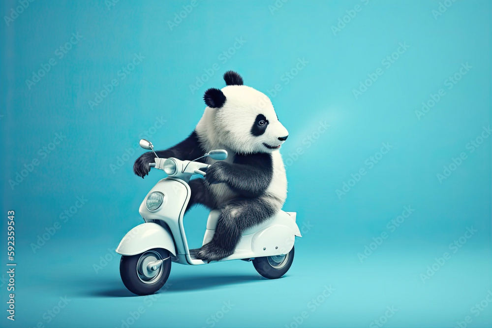 Panda Riding a Motor Scooter on Light Blue Background, Generative AI ...