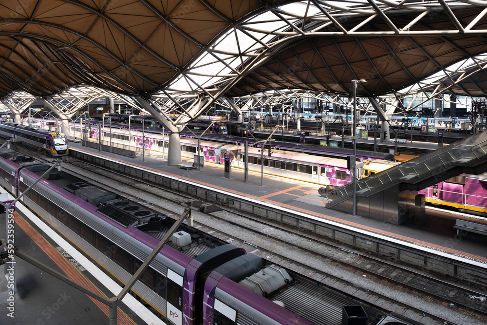 MELBOURNE, AUSTRALIA - FEBRUARY 20 2023: Metro trains line up on the ...