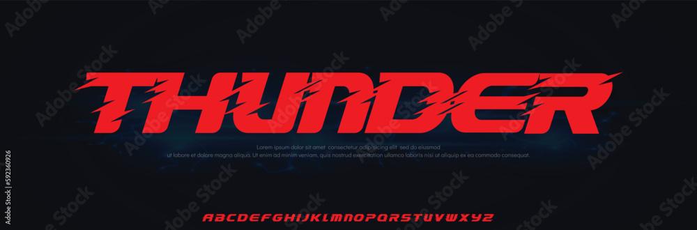 Thunder, game font alphabet sporty slanted letters. Speed logo ...