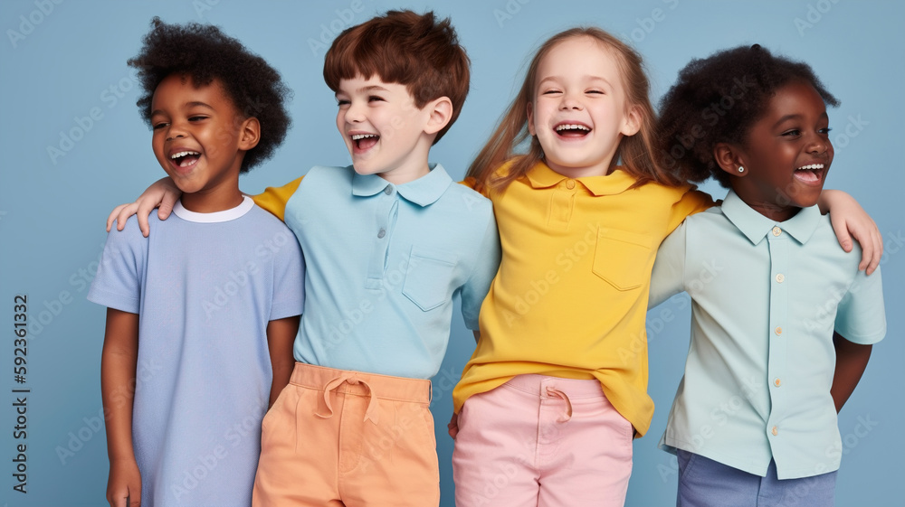 A group of cheerful multiethnic children hugging, posing smiling kids ...
