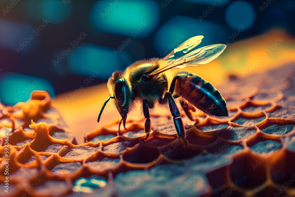 Macro photo of a bee hive on a honeycomb with copyspace. Bees produce fresh, healthy, honey ...