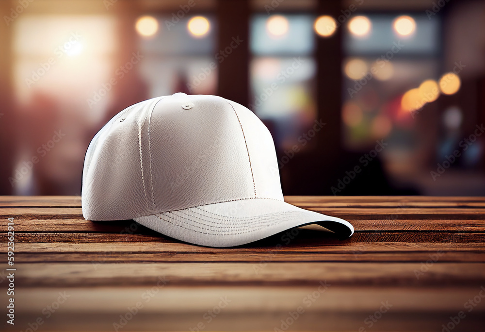 Blank White Hat Template Mockup on Wooden Surface in Modern Interior ...