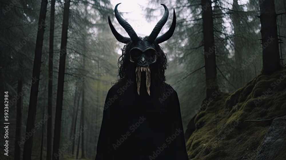 extreme wide angle long shot of a scary horned mysterious man silouette ...