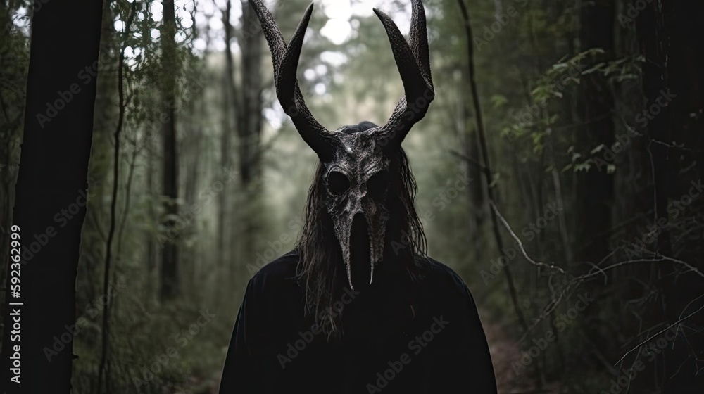 extreme wide angle long shot of a scary horned mysterious man silouette ...