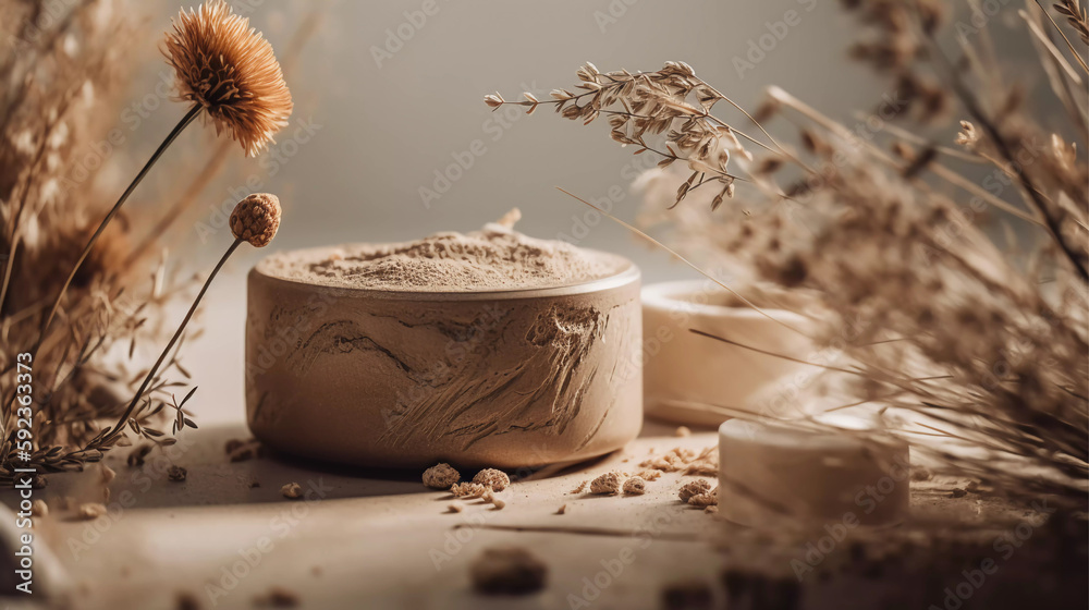 Earthy Beige Cosmetics Background, stone podium complemented by a dry ...