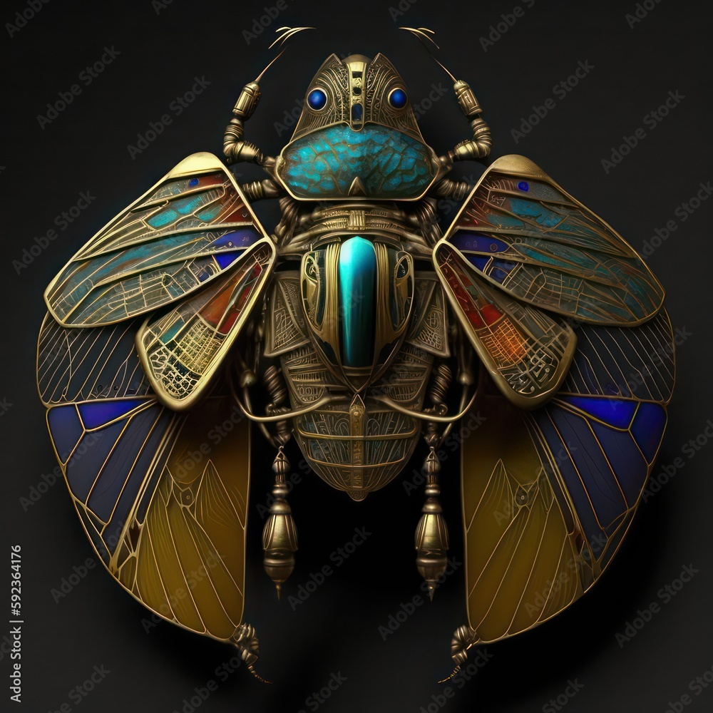 Egyptian scarab made of gold springs and wire stained glass. Fantasy ...