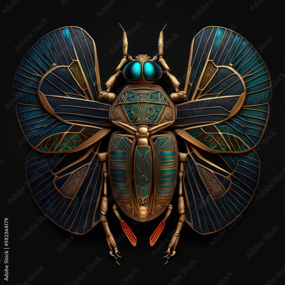 Egyptian scarab made of gold springs and wire stained glass. Fantasy ...
