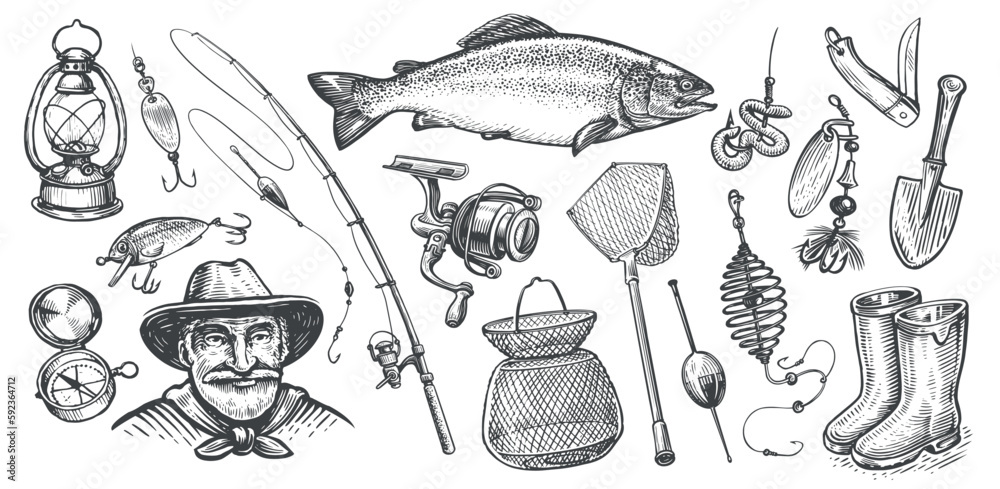Fishing concept, set vector. Collection of hand-drawn sketch ...