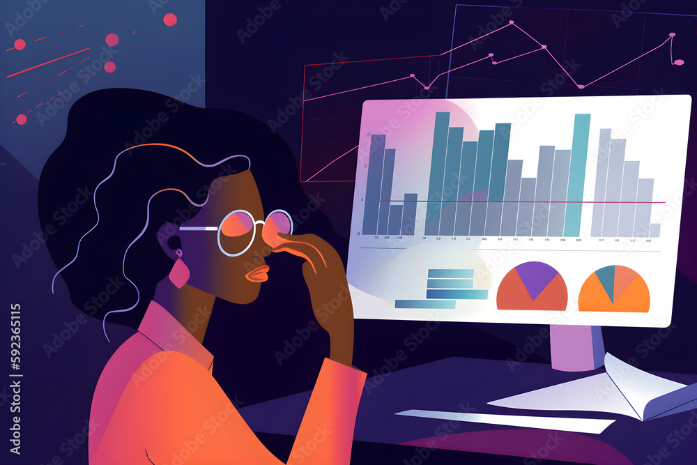 Flat vector illustration Woman with computer stress, holding hologram ...