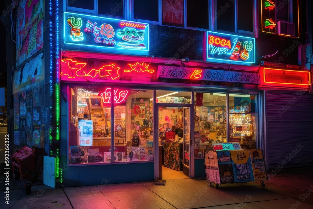 80s-style store exterior with old-school neon sign and pop art, created ...
