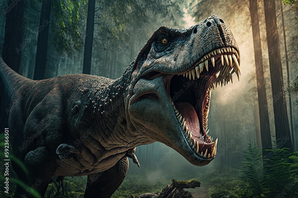 tyrannosaurus rex roaring in the forest, its powerful jaws open, created with generative ai ...
