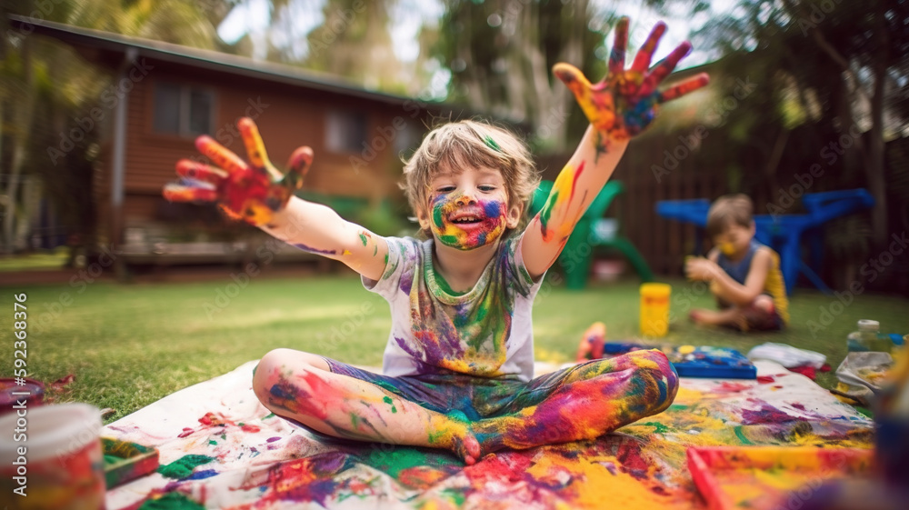 A child boy sitting chaotic painted his hands, face and clothes with ...