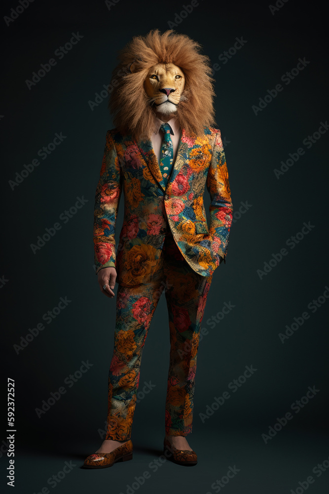 Full body photograph with legs of a well dressed buddy builder lion ...