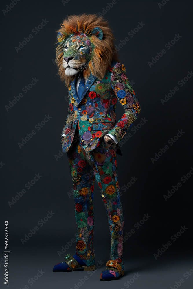 Full body photograph with legs of a well dressed buddy builder lion ...