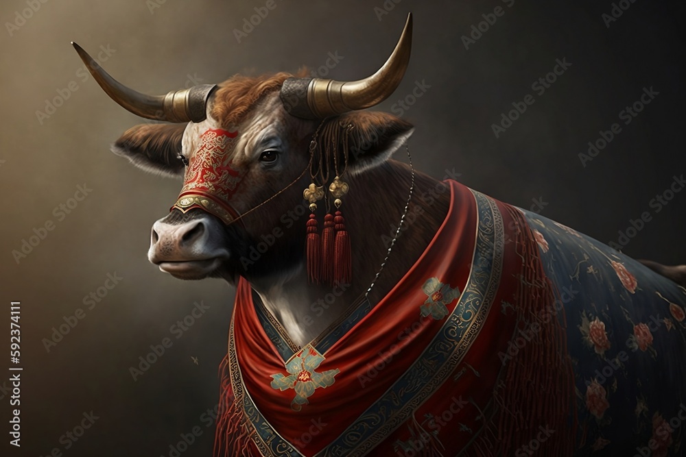 Bull in Chinese national costume, Chinese zodiac Stock Illustration ...