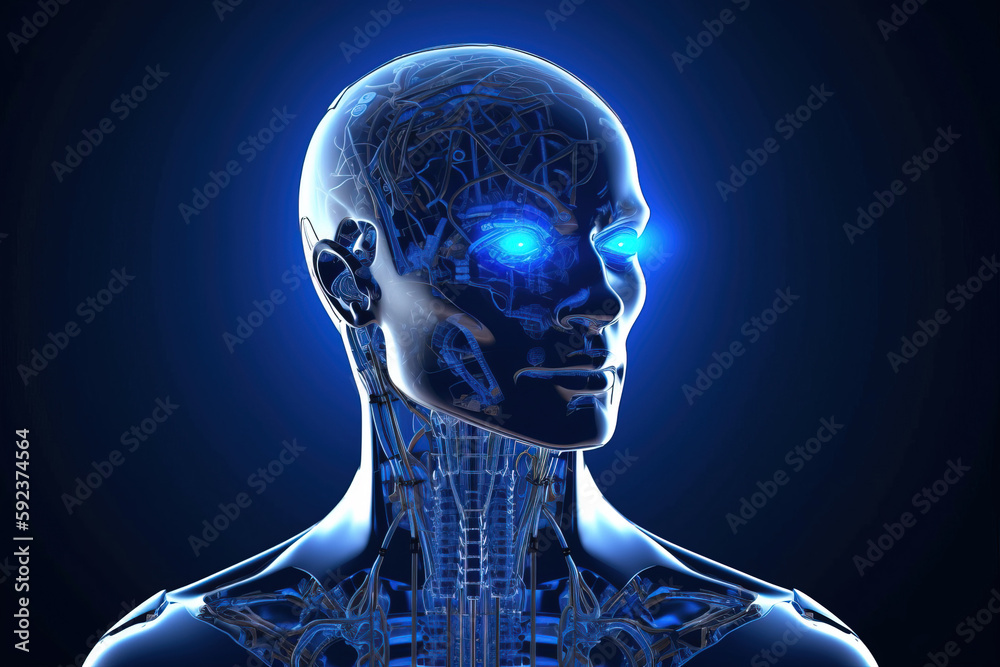Humanoid robot emitting blue light, with visible circuits and brain ...