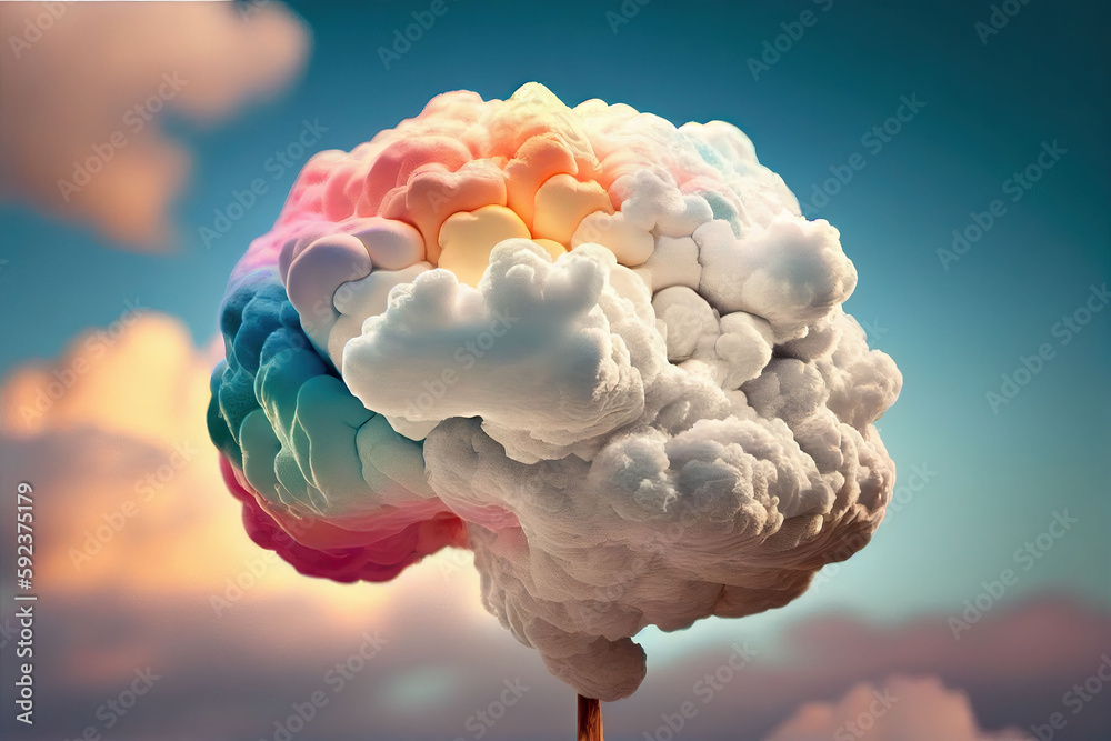 Realistic rainbow brain from clouds. The creative and logical parts of ...