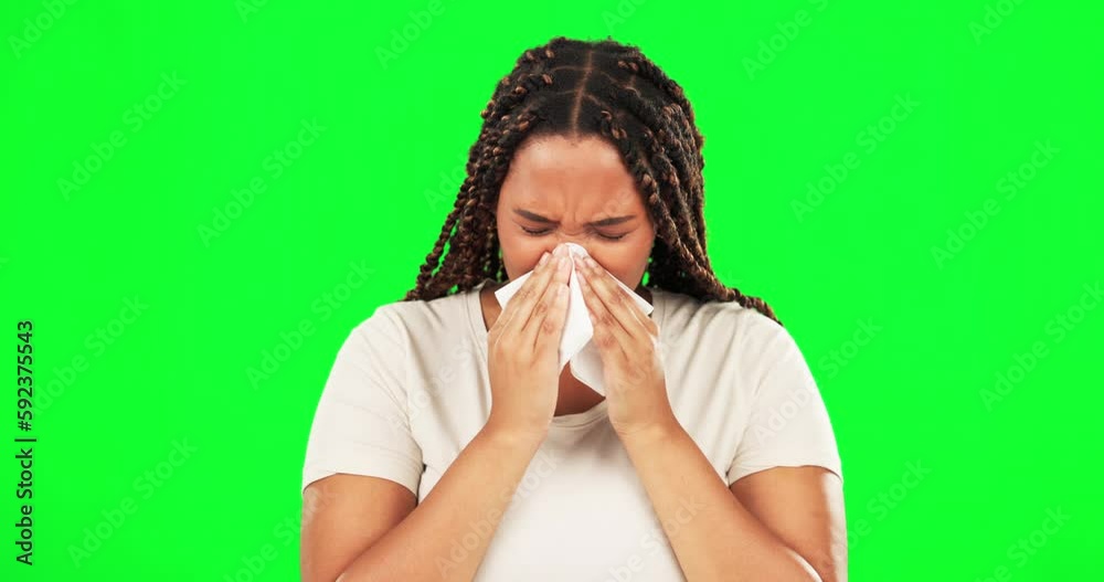 Black woman, blowing nose and sick on studio green screen with flu ...