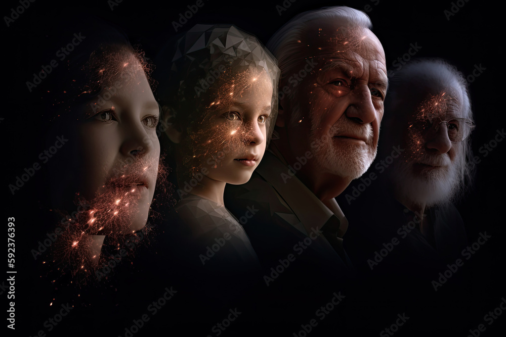 Different generations of family stand together against dark abstract ...