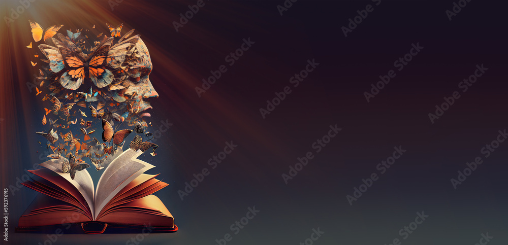 Human mind with butterflies and light coming out of a book, mental ...