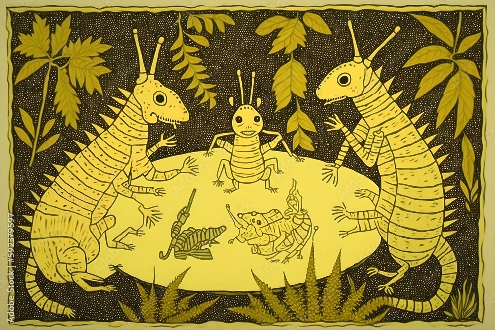 ภาพประกอบสต็อก oil painting 3 grasshoppers playing poker ferns in the ...