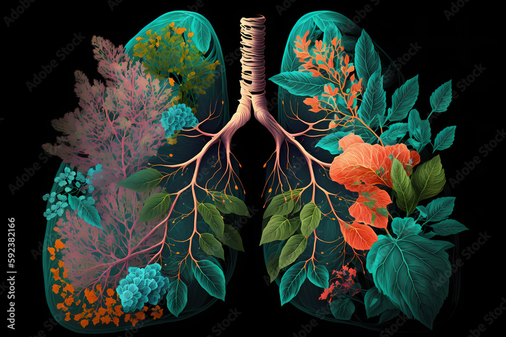 Human Lung with flowers and leaves, fresh healthy breathing air and ...