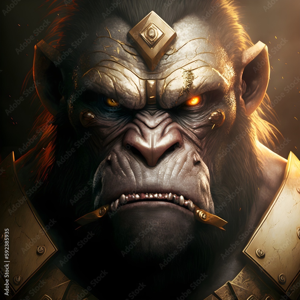 closeup angry monkey face with a large scar by his eye wearing golden ...