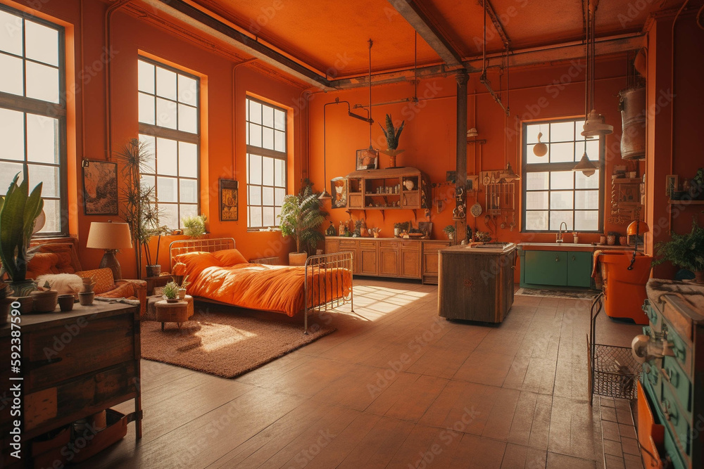 Loft Design. Dark orange color palette. Centered perspective. Interior ...