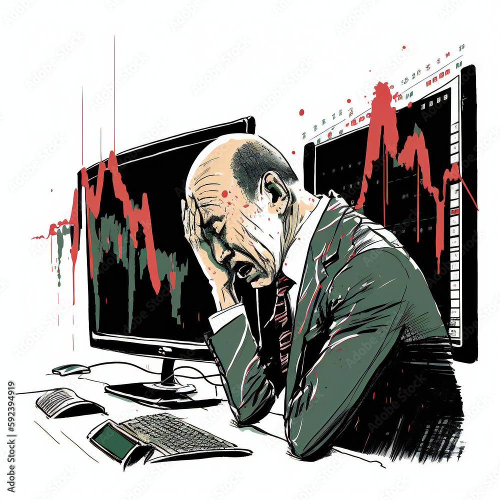 Stock market crash. Japanese man sad in front of a computer with low ...