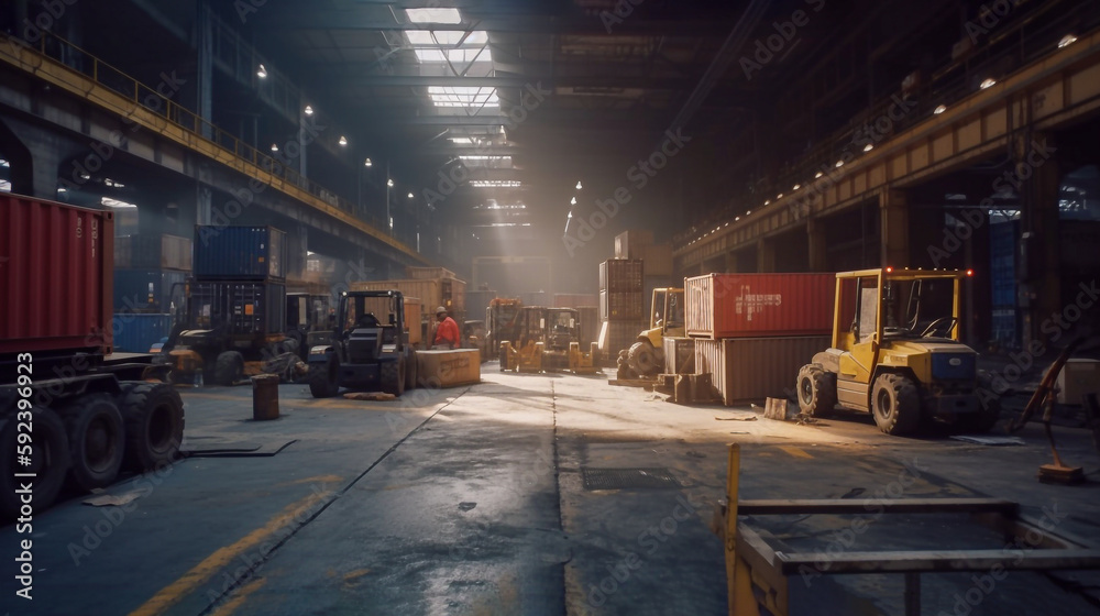 Warehouse full of shipping containers with workers using heavy ...