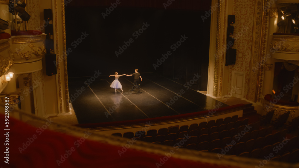 Establishing shot of ballet dancers preparing theatrical dance ...