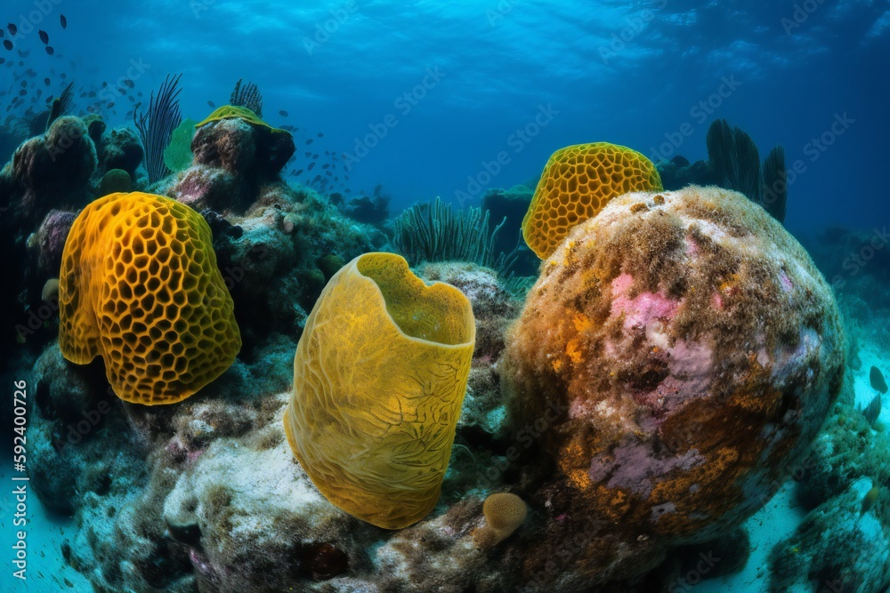 Micronature and Landscape Sea sponges, diverse shapes, vibrant colors ...