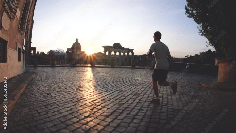 Young man running jogging in front of the Roman Forum at sunrise ...