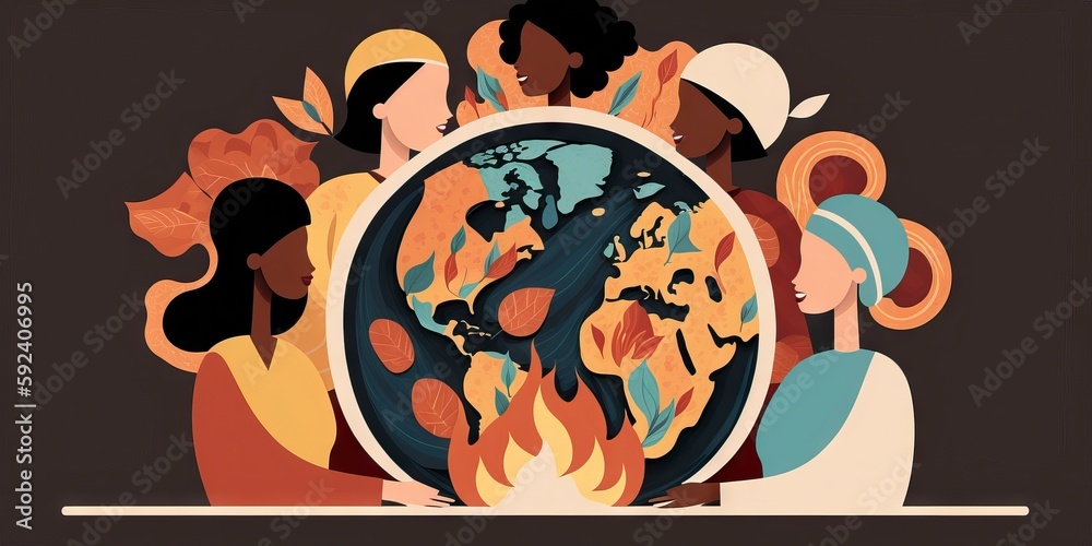 group of black African women silhouettes front of world map at fire ...