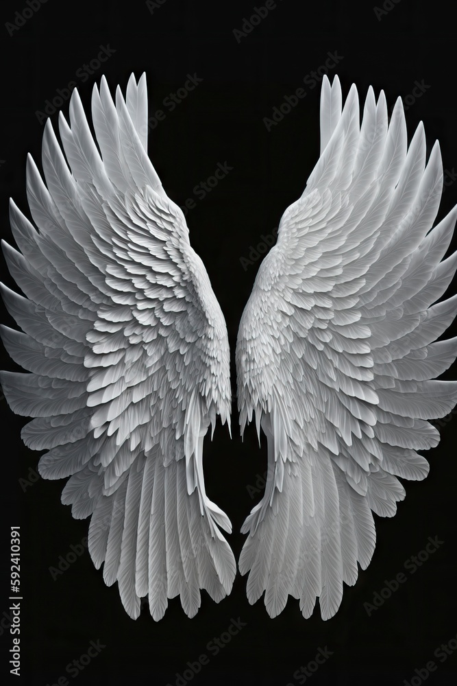 White angel wings isolated on black background, Dimensional model ...