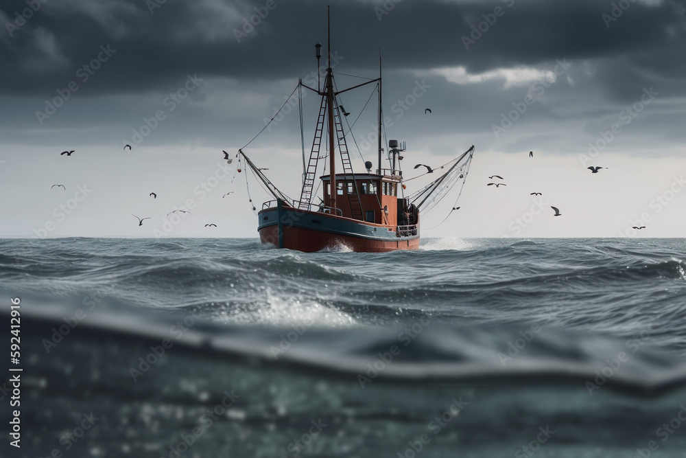 Fischkutter in rauer See, auf der Nordsee begleitet von Möven, Blick ...