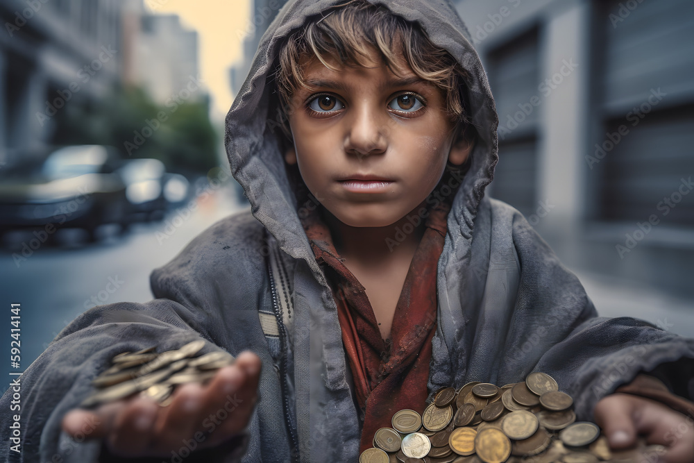 Poor beggar hungry child boy ragged in torn clothes with an ...