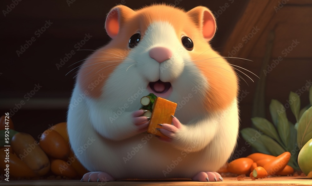 a cartoon hamster eating a piece of carrot next to a pile of carrots ...