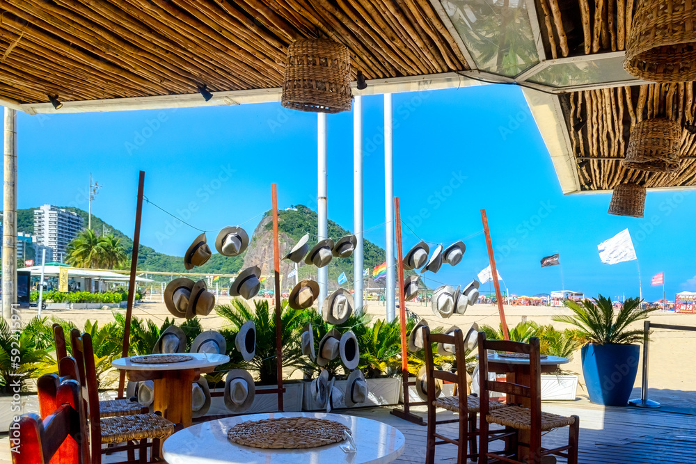 Rustic style architecture in a Copacabana Beach restaurant, Rio de ...